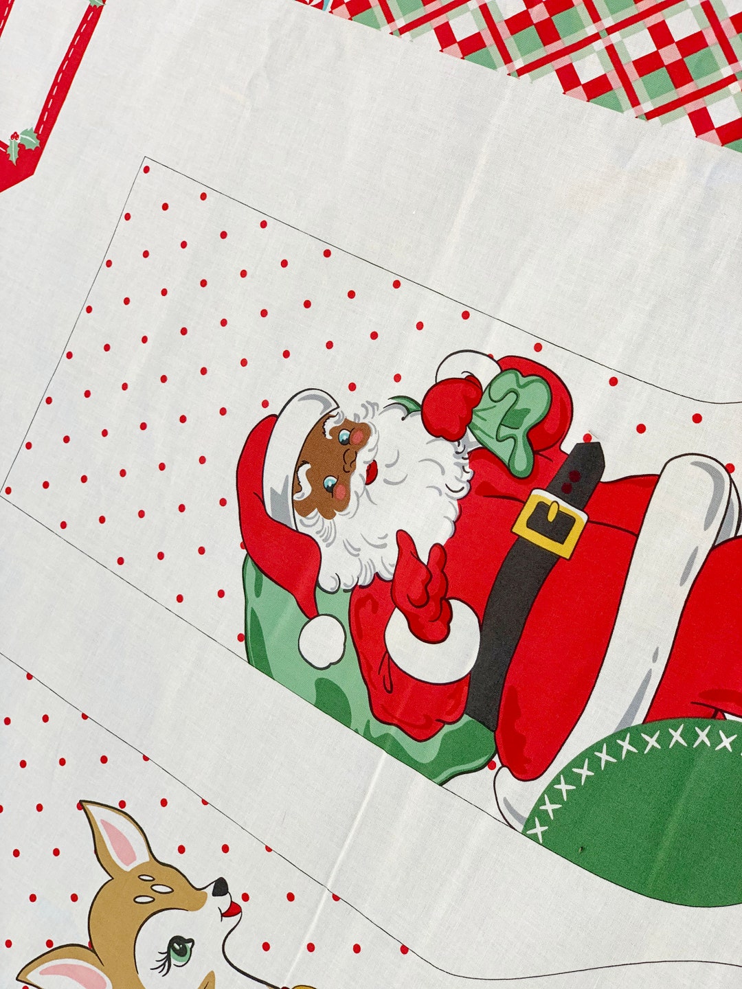 DIY Christmas Stocking Fabric Panel, Black Brown Santa, Holly Jolly ...