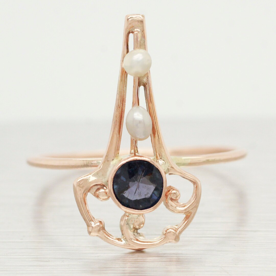 Antique Art Deco Pearl & Blue Stone Triangular Ring 14k Yellow Gold ...