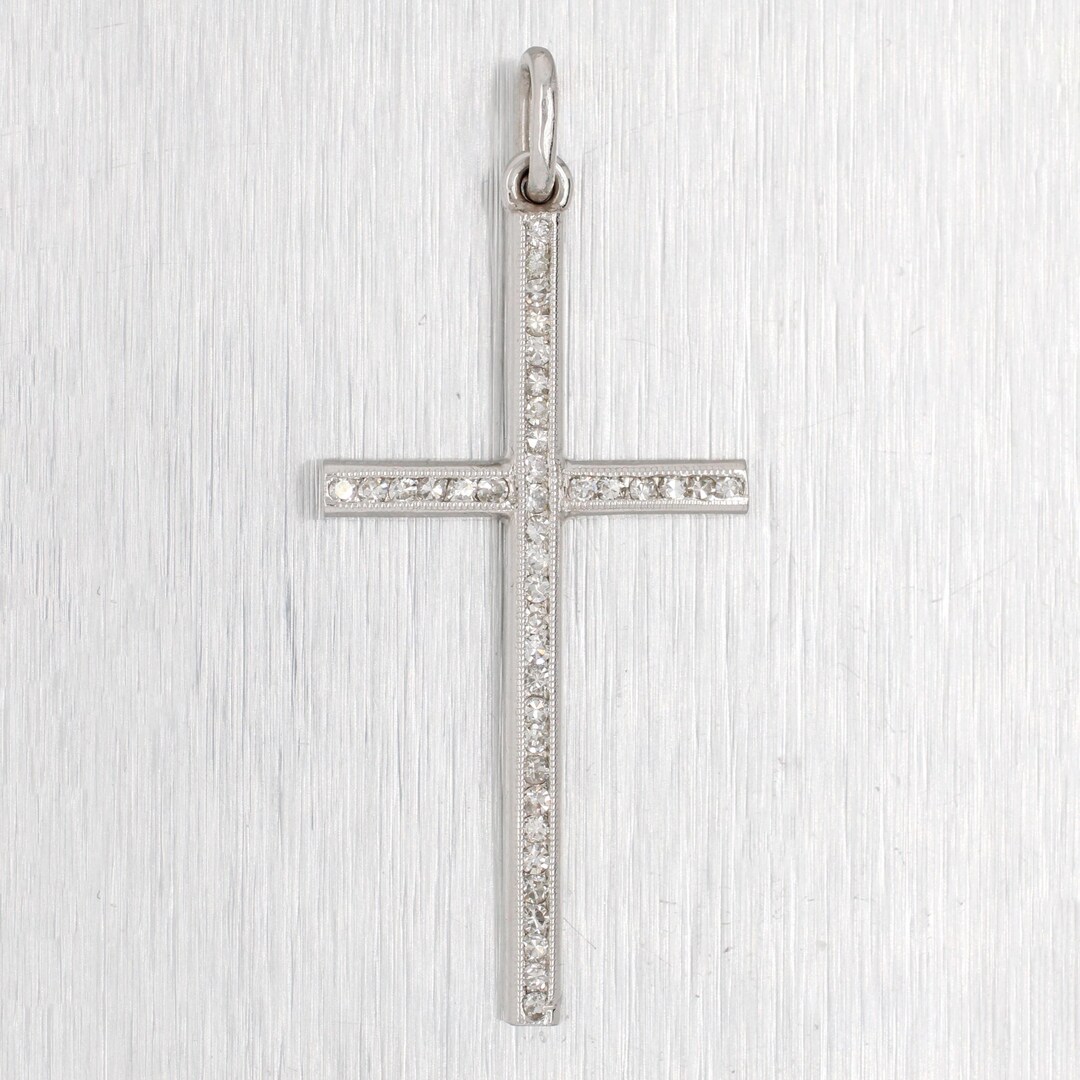 Vintage 14k White Gold 0.10ctw Diamond Long Cross Pendant Charm - Etsy