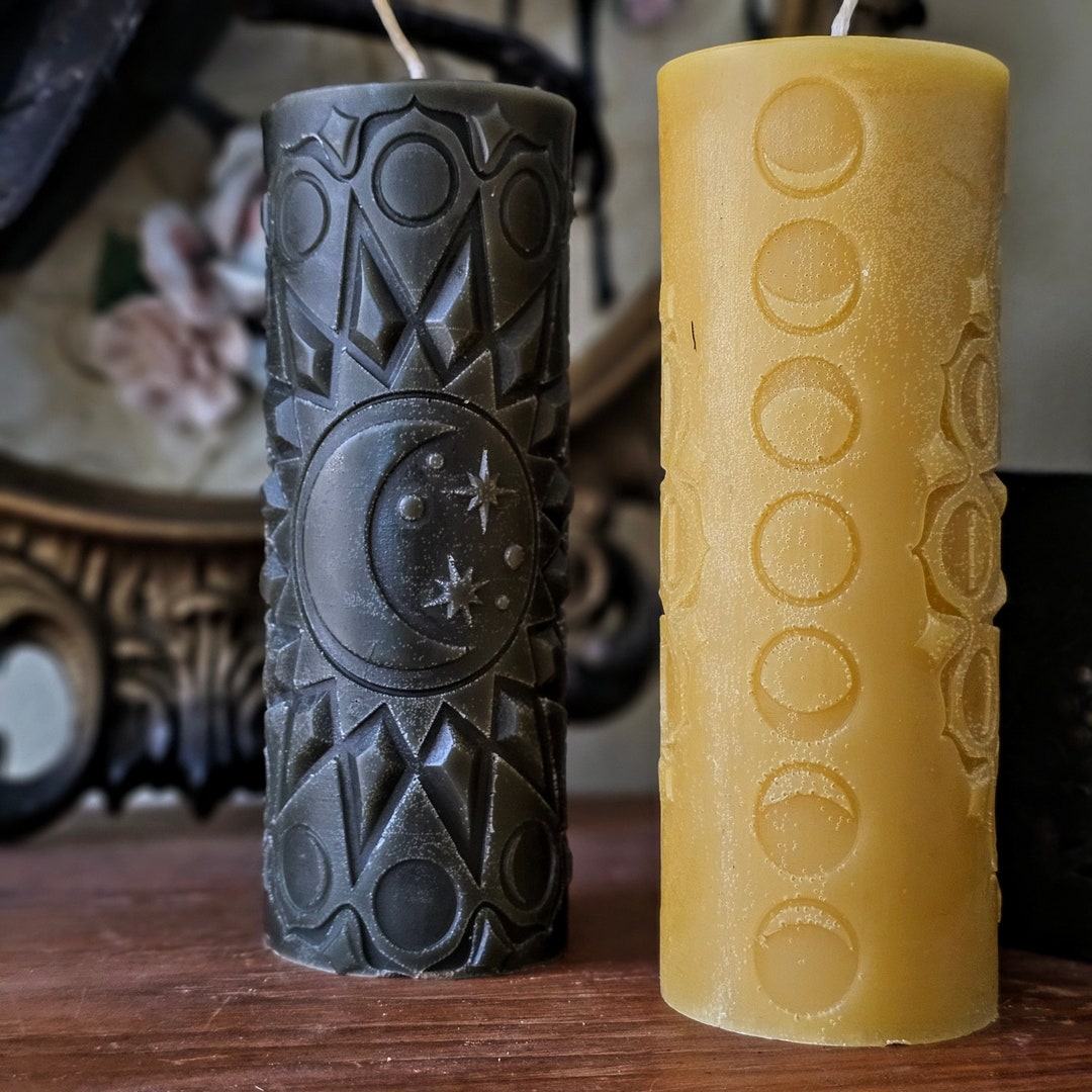 Sun & Moon Beeswax Pillar Candle | Handmade | Crescent Moon Phases | - Etsy