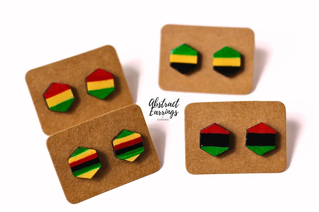 African Flag Studs 4 Pairs Wooden Hexagon Studs Set Afrocentric Stud Earrings Juneteenth History ...