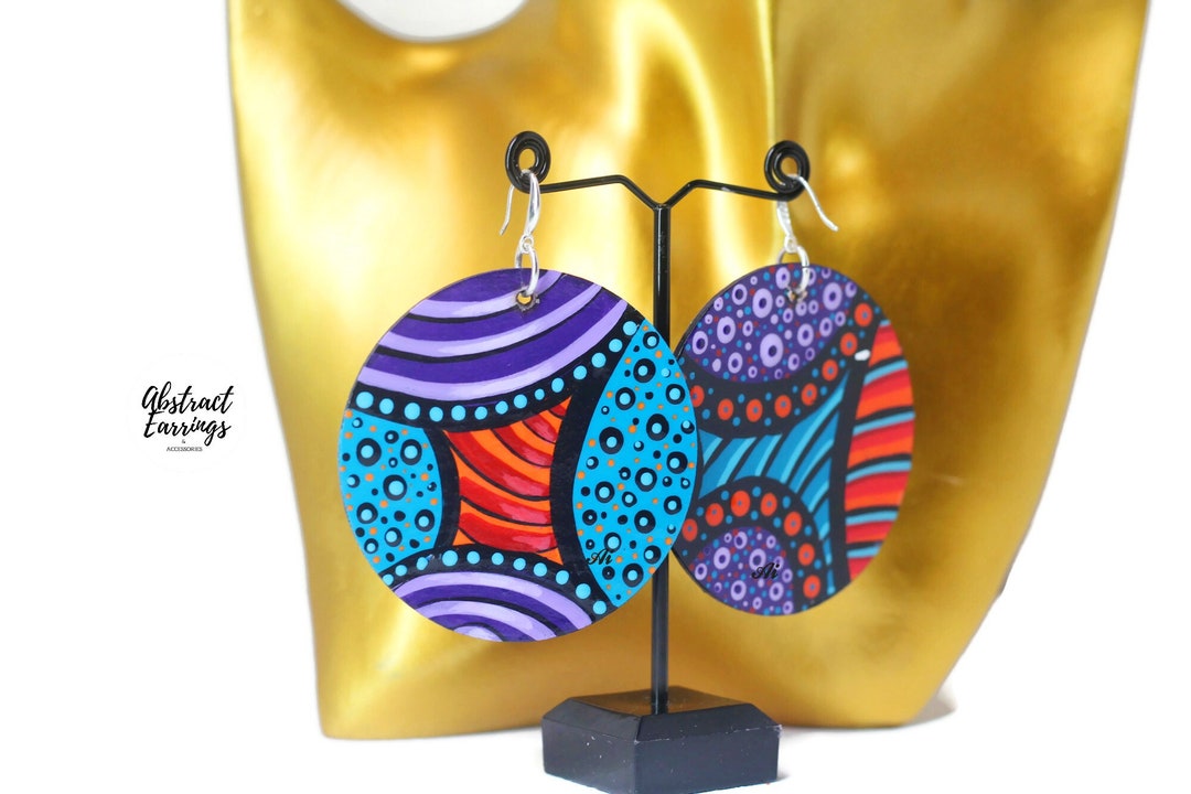 Hand Painted Abstract Art Earrings, Vibrant Colorful Dangles, Bold ...