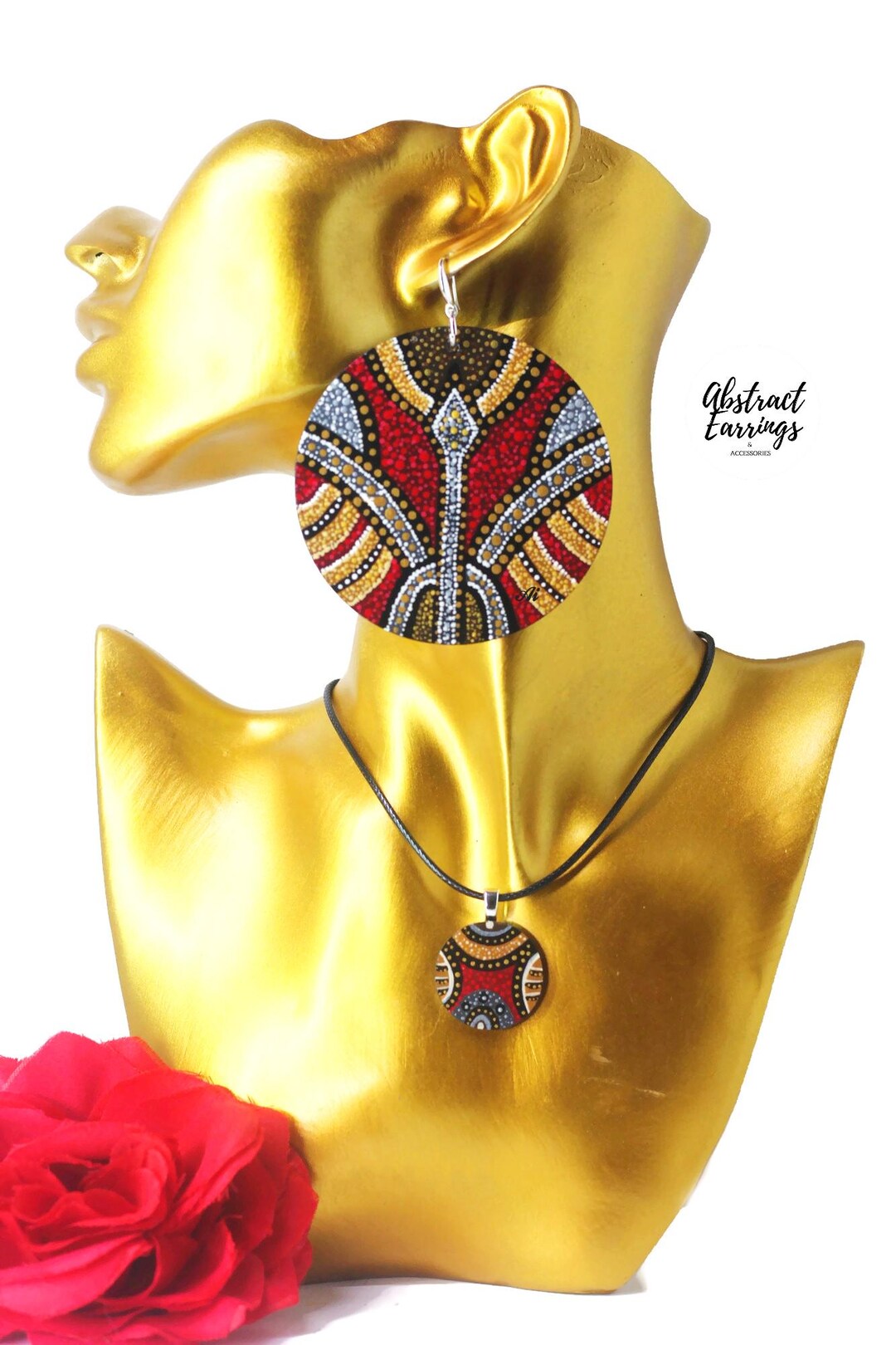 Wakanda Art Jewelry Set: Hand-painted Wood Pendant Necklace & Earrings ...