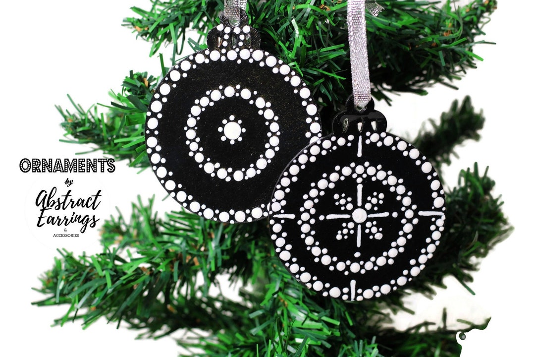 Black and White Ornament 2 Set - Dot Mandala Art - Wooden Hand Painted ...