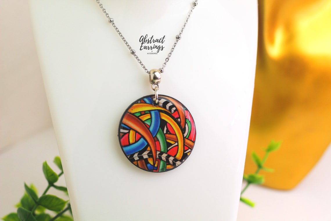 Abstract Art Pendant Necklace - Wood Decoupage Resin Charm - Colorful ...