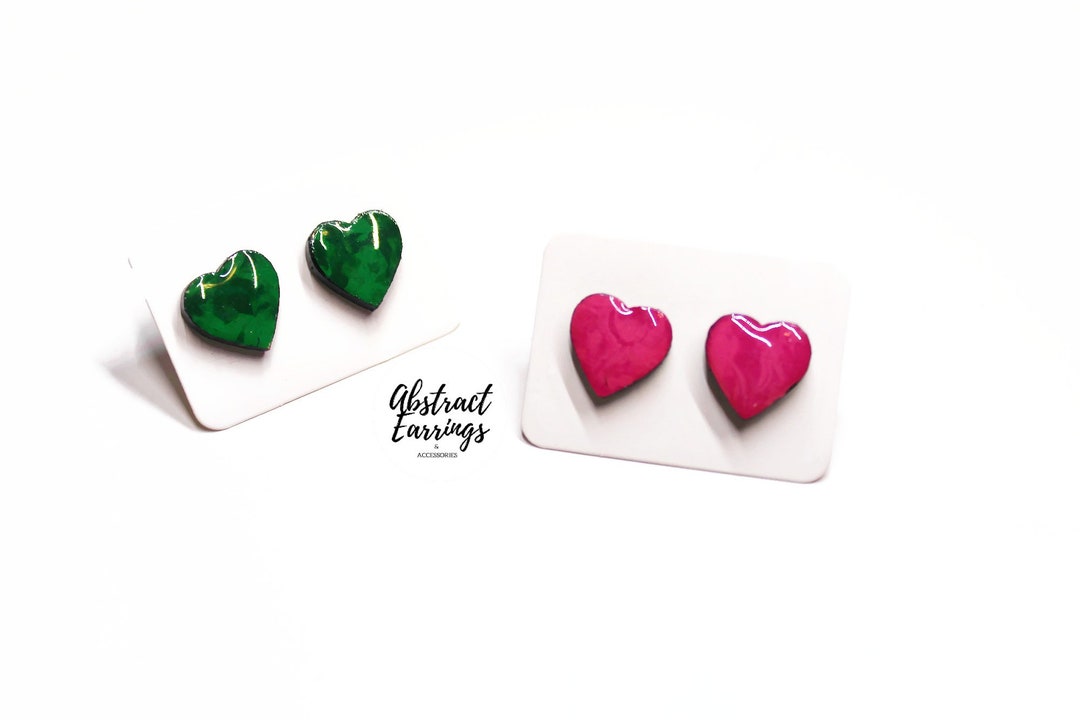 Pink Green Heart Art Studs 2pairs Earring Gift Set 10 Mm Wooden Resin Studs Hypoallergenic Post ...