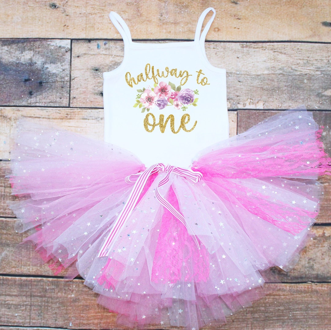 Halfway to One, Half Birthday, 6 Months Baby Girls Outfit, Pink Sparkly ...