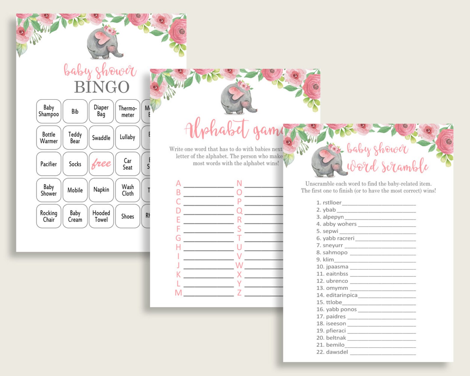 Pink Elephant Baby Shower Games Printable Pack Pink Grey Baby | Etsy