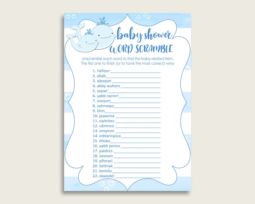 Boy Baby Shower Word Scramble Game Printable, Cute Whale Blue White ...