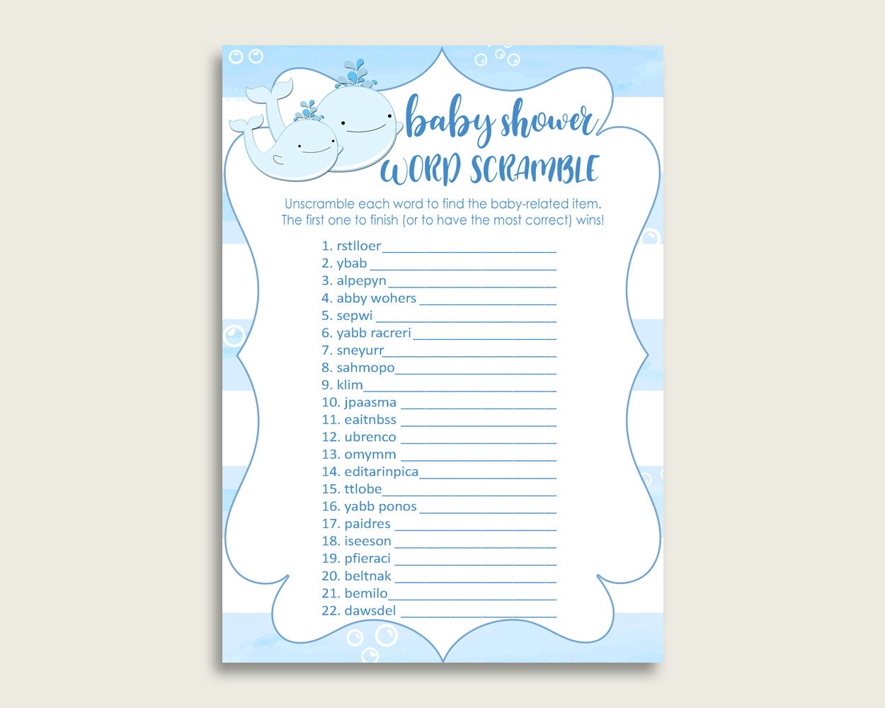 Boy Baby Shower Word Scramble Game Printable, Cute Whale Blue White ...