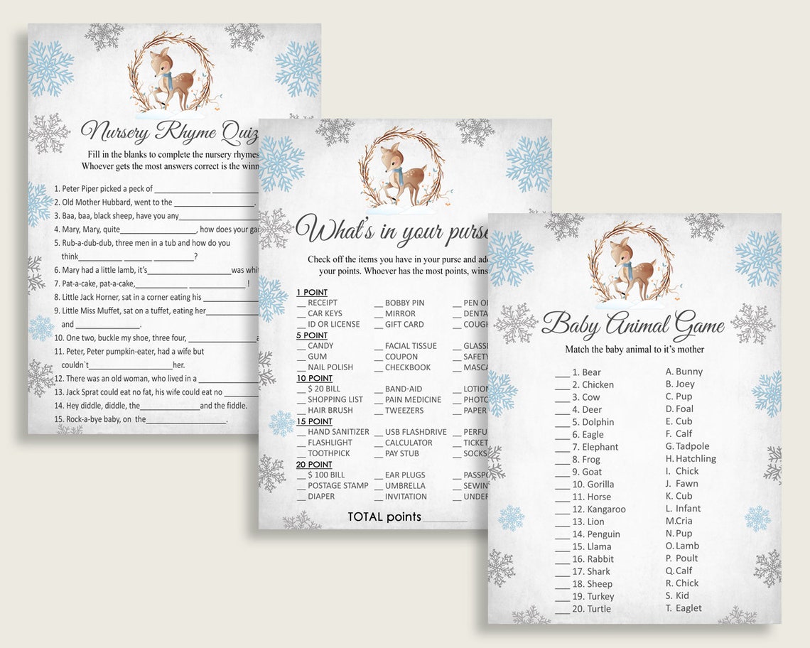 Winter Deer Baby Shower Games Printable Pack, Gray Blue Baby Shower ...