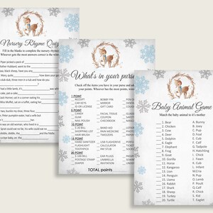 Winter Deer Baby Shower Games Printable Pack, Gray Blue Baby Shower ...