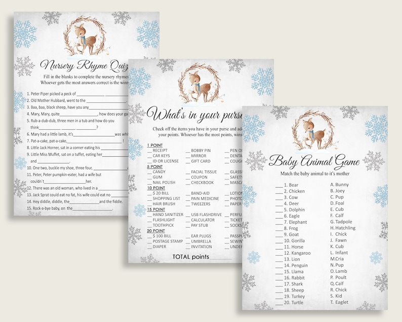 Winter Deer Baby Shower Games Printable Pack Gray Blue Baby - Etsy