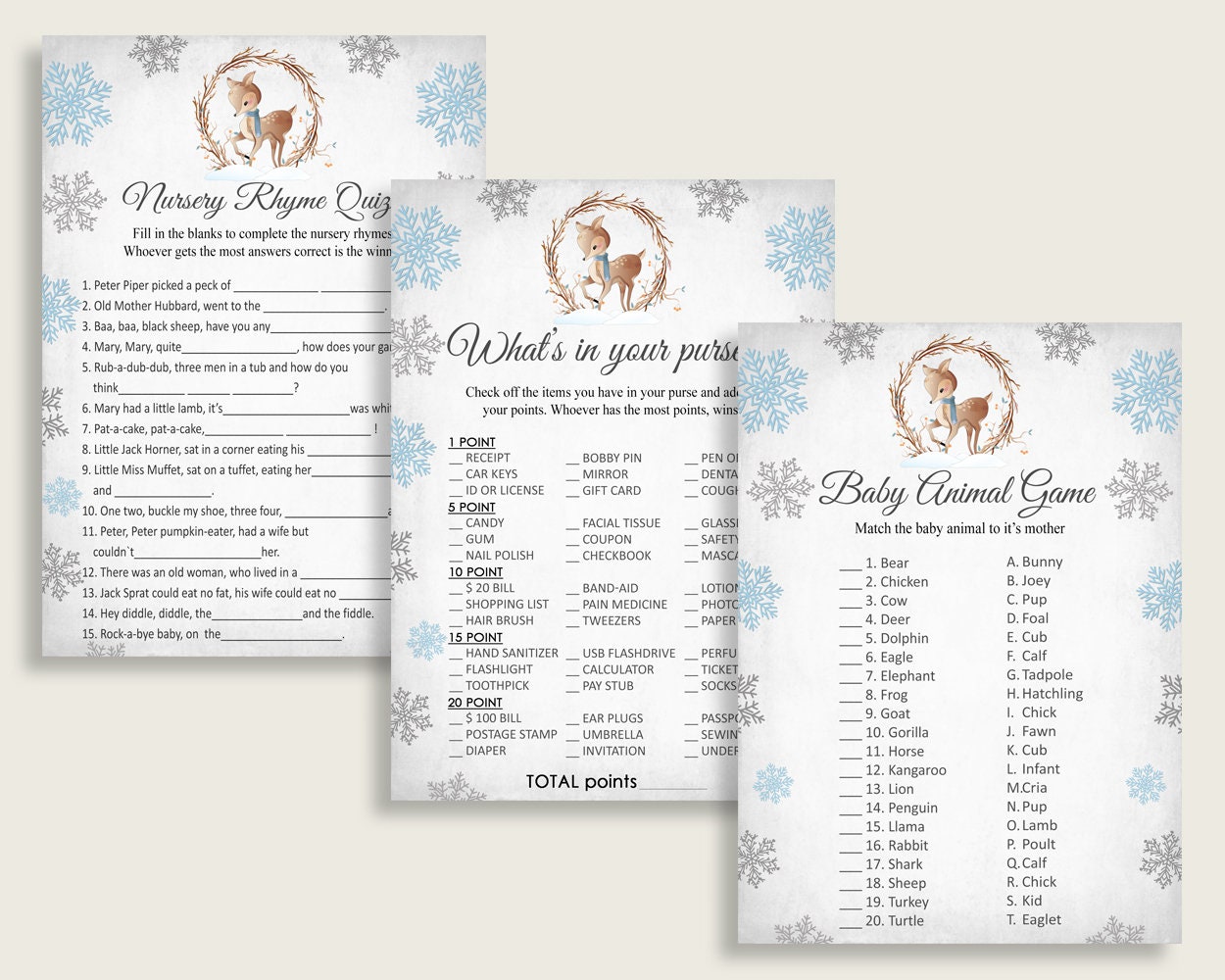Winter Deer Baby Shower Games Printable Pack, Gray Blue Baby Shower ...