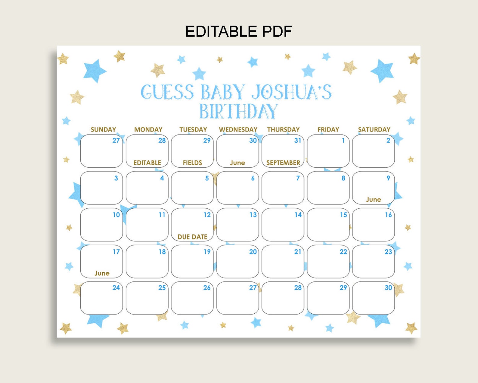 Blue Gold Guess Baby Due Date Calendar Game Printable Stars - Etsy