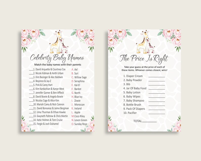 Giraffe Baby Shower Games Printable Pack, Pink Yellow Baby Shower Games ...