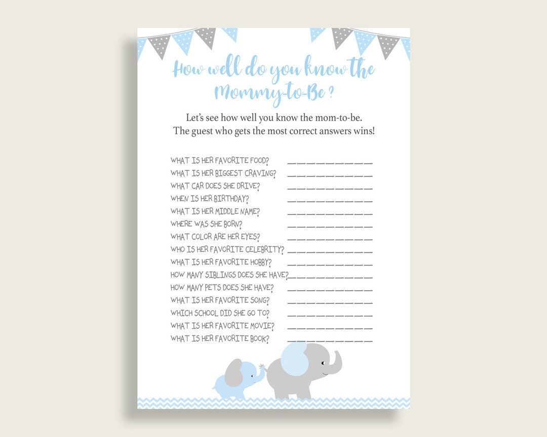 Blue Grey How Well Do You Know Mommy Game, Elephant Baby Shower Boy ...