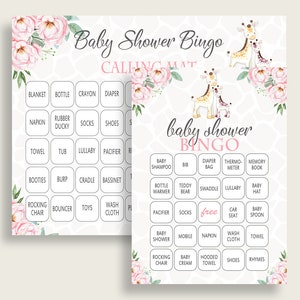 Giraffe Baby Shower Bingo Cards Printable, Pink Yellow Baby Shower Girl ...
