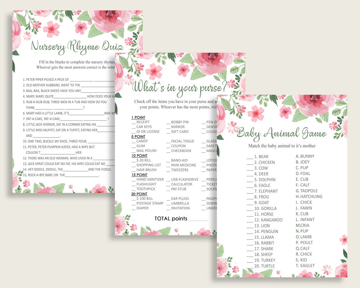 Watercolor Flowers Baby Shower Games Printable Pack, Pink Green Baby ...