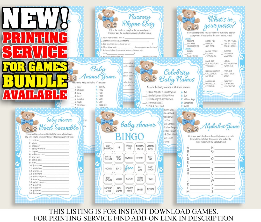 Teddy Bear Baby Shower Games Printable Pack, Blue Brown Baby Shower ...