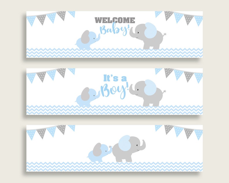 Blue Grey Water Bottle Labels Printable Elephant Water Bottle | Etsy