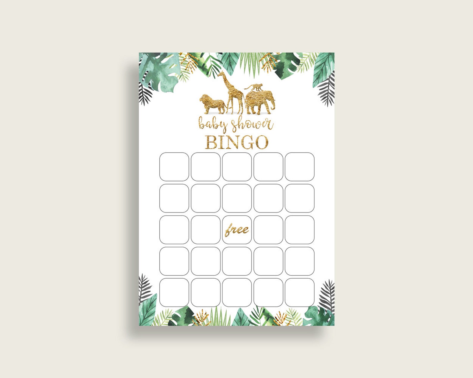 Jungle Baby Shower Bingo Cards Printable Gold Green Baby - Etsy