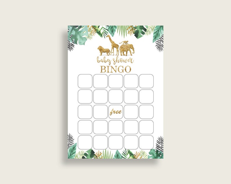 Jungle Baby Shower Bingo Cards Printable or Printed, Gold Green Baby ...