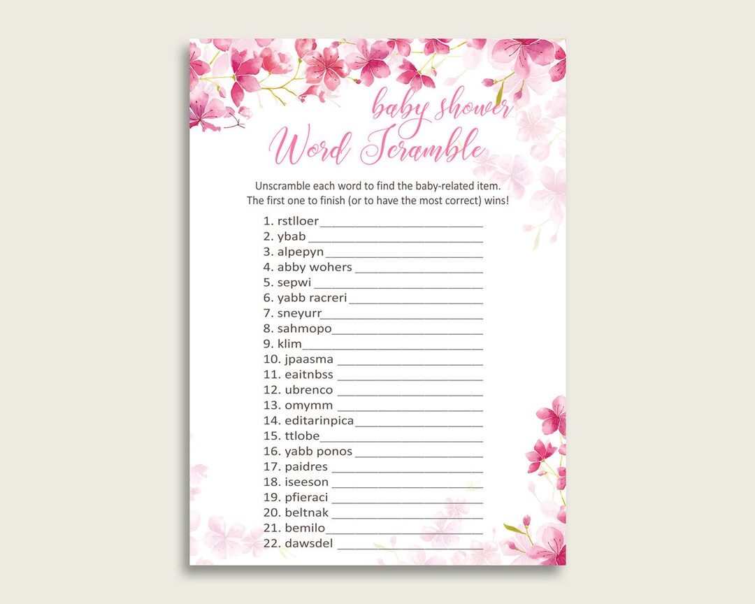 Girl Baby Shower Word Scramble Game Printable, Cute Cherry Blossom Pink ...
