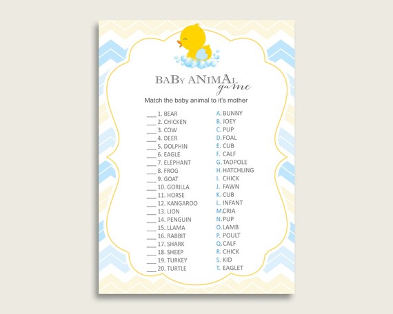 Rubber Duck Name the Baby Animals Game Printable Yellow Blue | Etsy