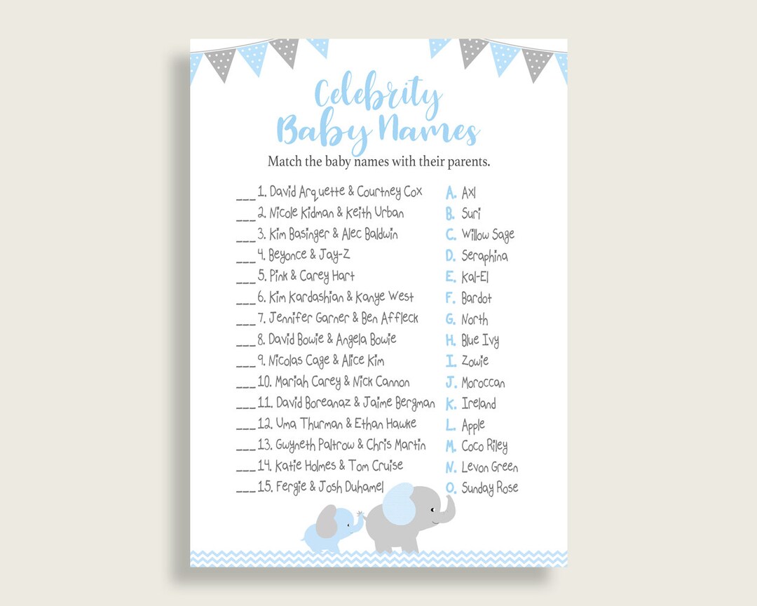 Blue Grey Celebrity Baby Names, Elephant Baby Shower Boy Name Game ...