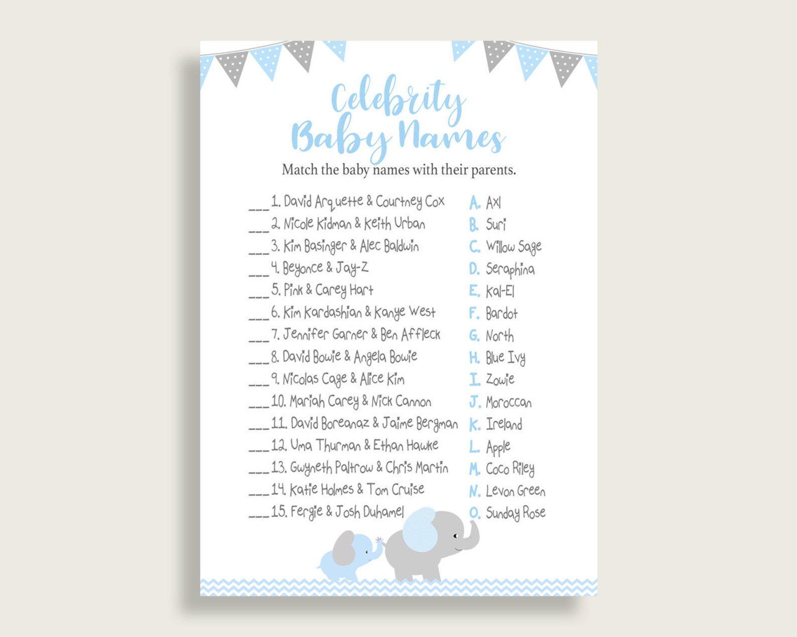 Blue Grey Celebrity Baby Names, Elephant Baby Shower Boy Name Game ...