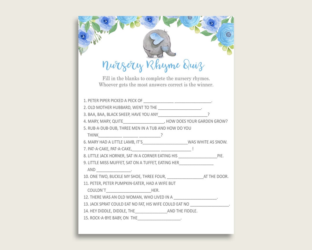 Elephant Blue Nursery Rhyme Quiz Printable, Blue Gray Nursery Rhyme ...