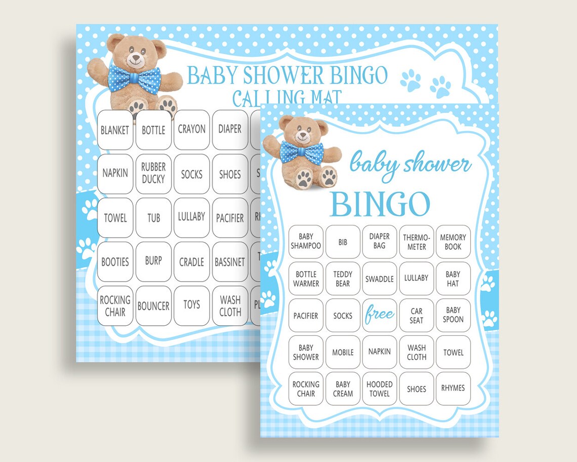 Teddy Bear Baby Shower Bingo Cards Printable, Blue Brown Baby Shower ...