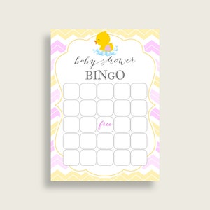 Rubber Ducky Baby Shower Bingo Cards Printable, Yellow Pink Baby Shower ...