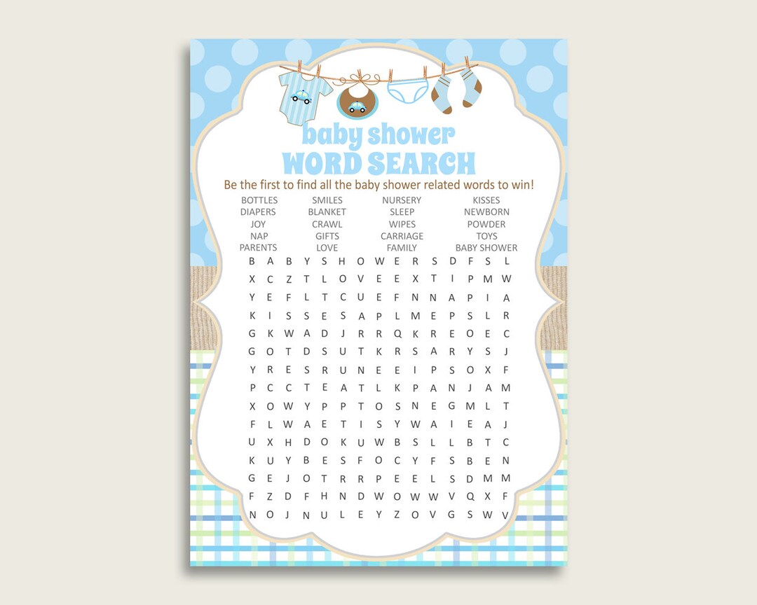 Clothes Word Search Game, Blue Beige Baby Shower Word Search Cards ...