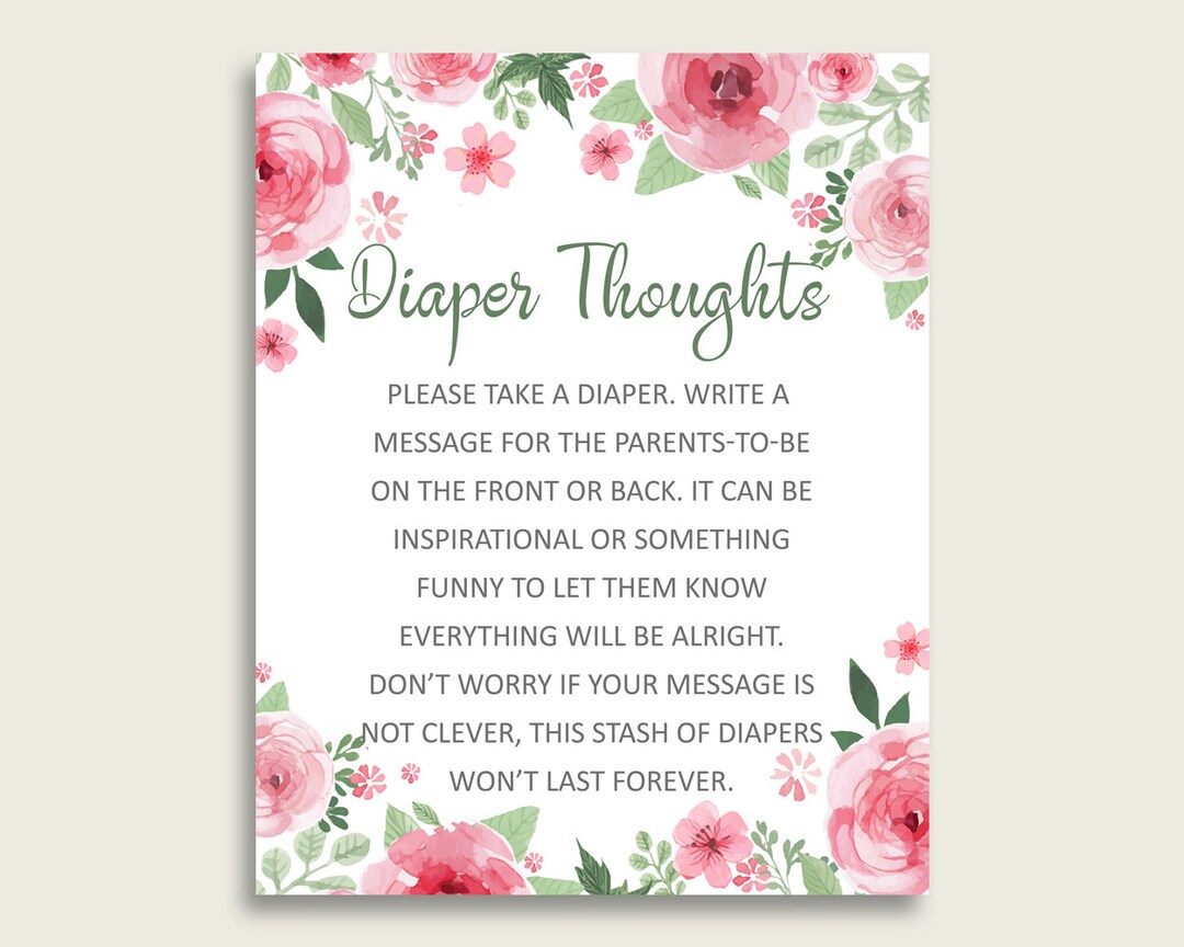 Watercolor Flowers Baby Shower Diaper Thoughts Printable, Girl Pink ...