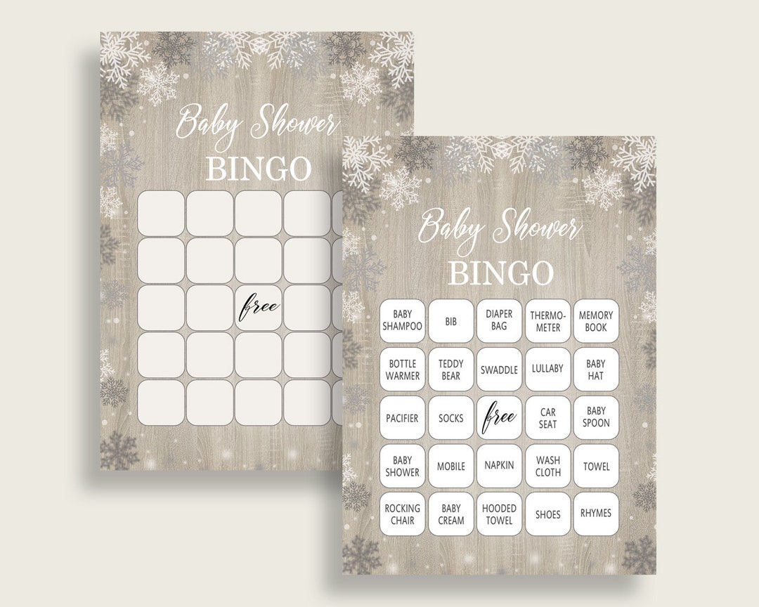 Snowflake Rustic Baby Shower Bingo Cards Printable, White Beige Baby ...