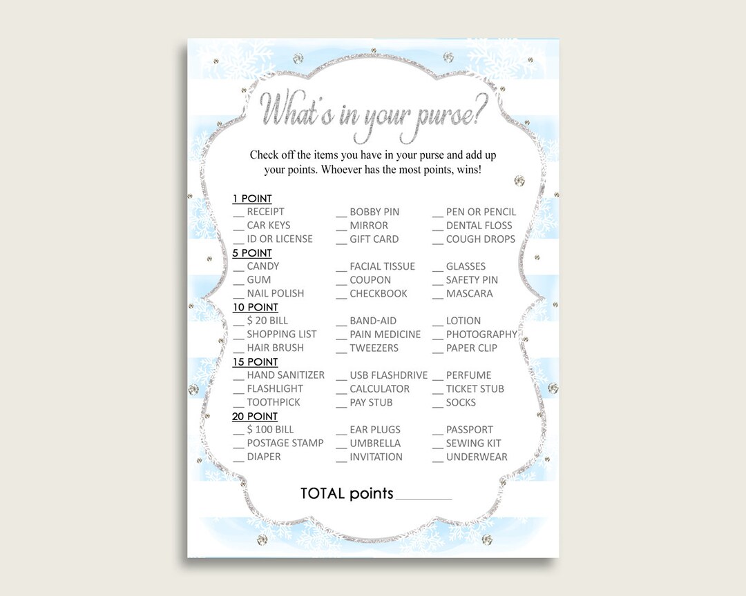 Winter What's in Your Purse Game Printable, Silver Blue Whats in Your ...