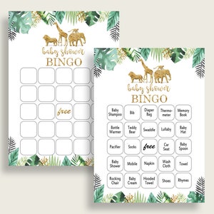 Jungle Baby Shower Bingo Cards Printable or Printed, Gold Green Baby ...