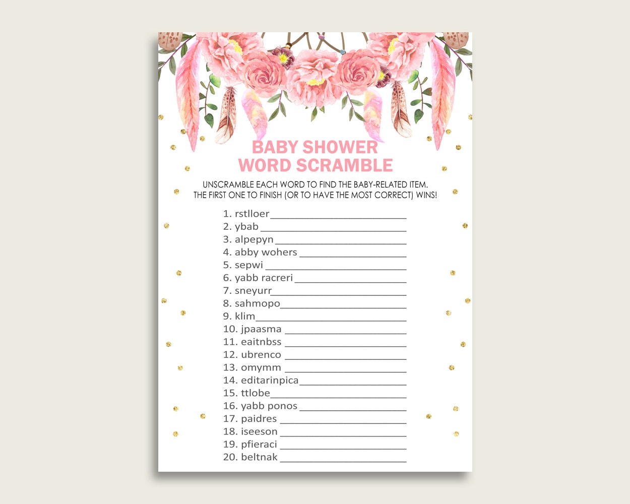 Girl Baby Shower Word Scramble Game Printable, Cute Dreamcatcher Pink ...