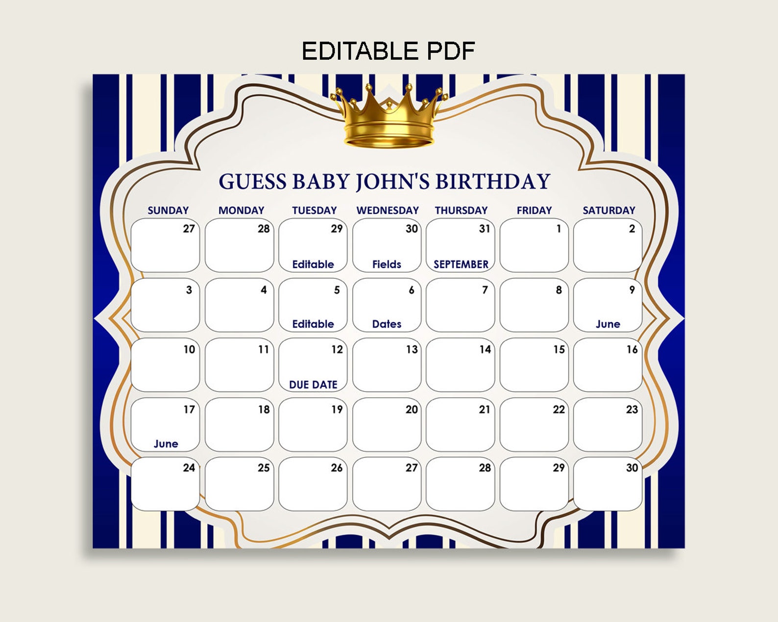 Blue Gold Guess Baby Due Date Calendar Game Printable, Royal Prince ...