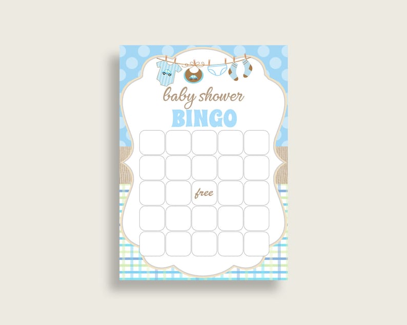 Clothes Baby Shower Bingo Cards Printable, Blue Beige Baby Shower Boy ...