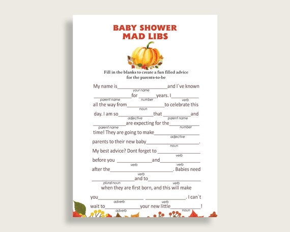 Orange Brown Mad Libs Baby Shower Gender Neutral Game Printable, Fall ...