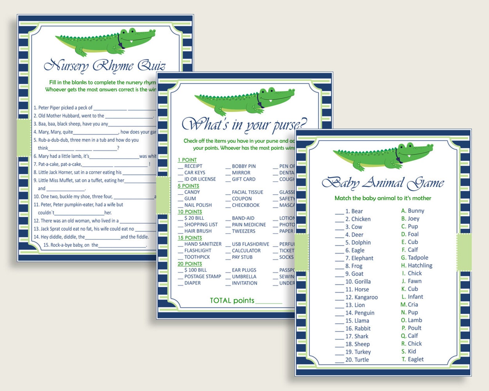 Alligator Baby Shower Games Printable Pack Blue Green Baby | Etsy
