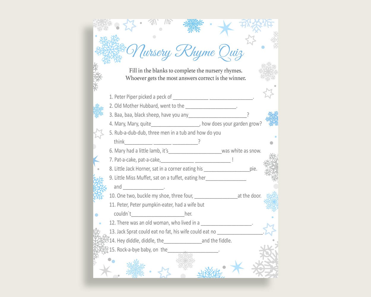 Nursery Rhyme Quiz Baby Shower Nursery Rhyme Quiz Snowflake Baby Shower ...