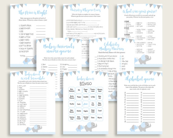 Elephant Baby Shower Games Printable Pack, Blue Grey Baby Shower Games ...
