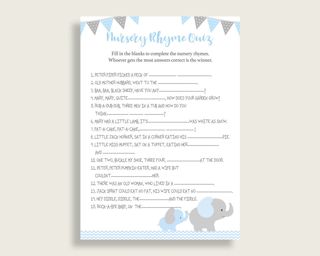 Elephant Nursery Rhyme Quiz Printable, Blue Grey Nursery Rhyme Game ...