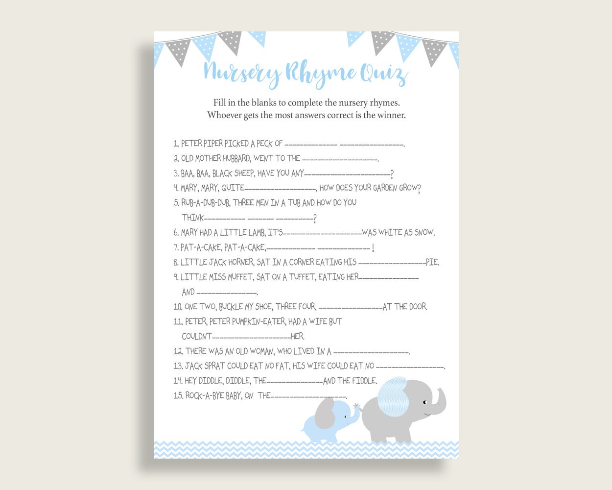 Elephant Nursery Rhyme Quiz Printable, Blue Grey Nursery Rhyme Game ...
