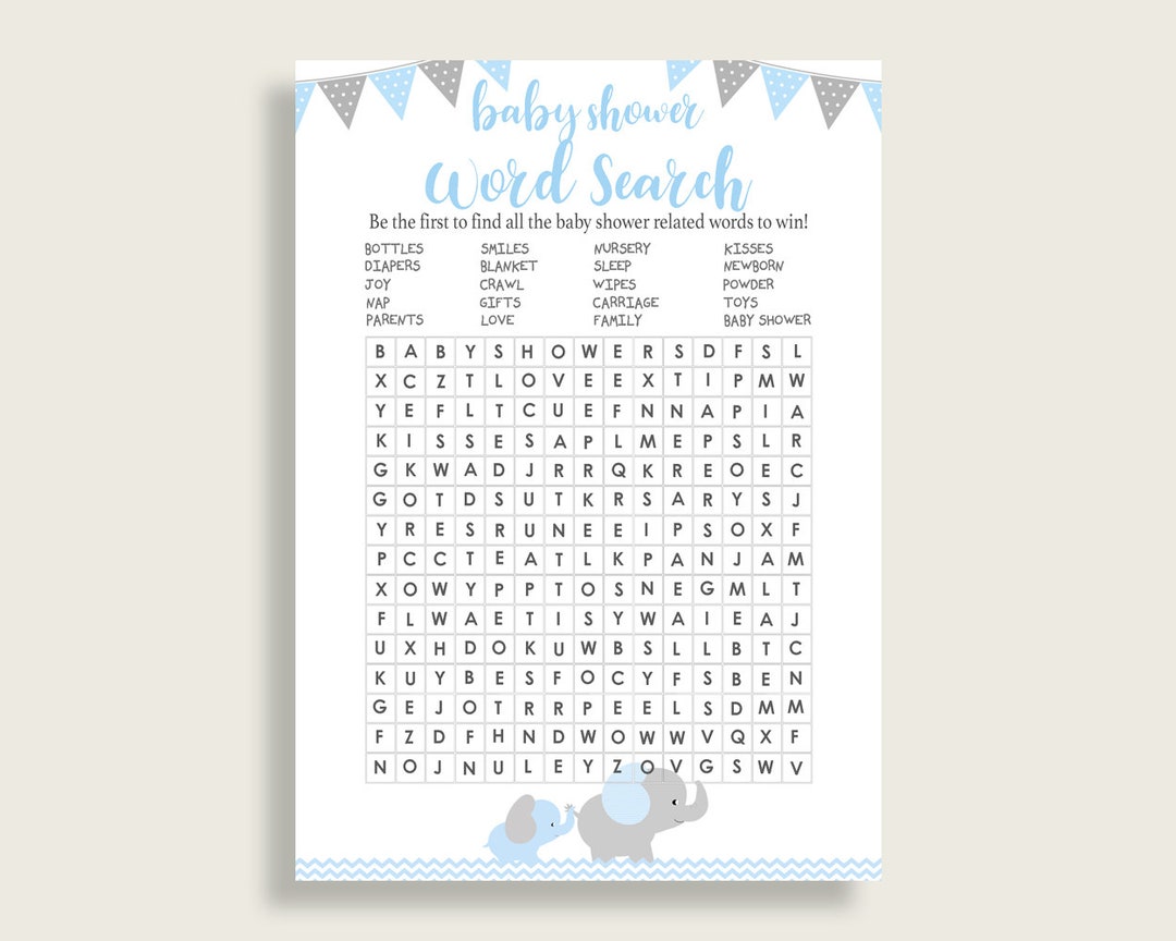 Elephant Word Search Game, Blue Grey Baby Shower Word Search Cards ...