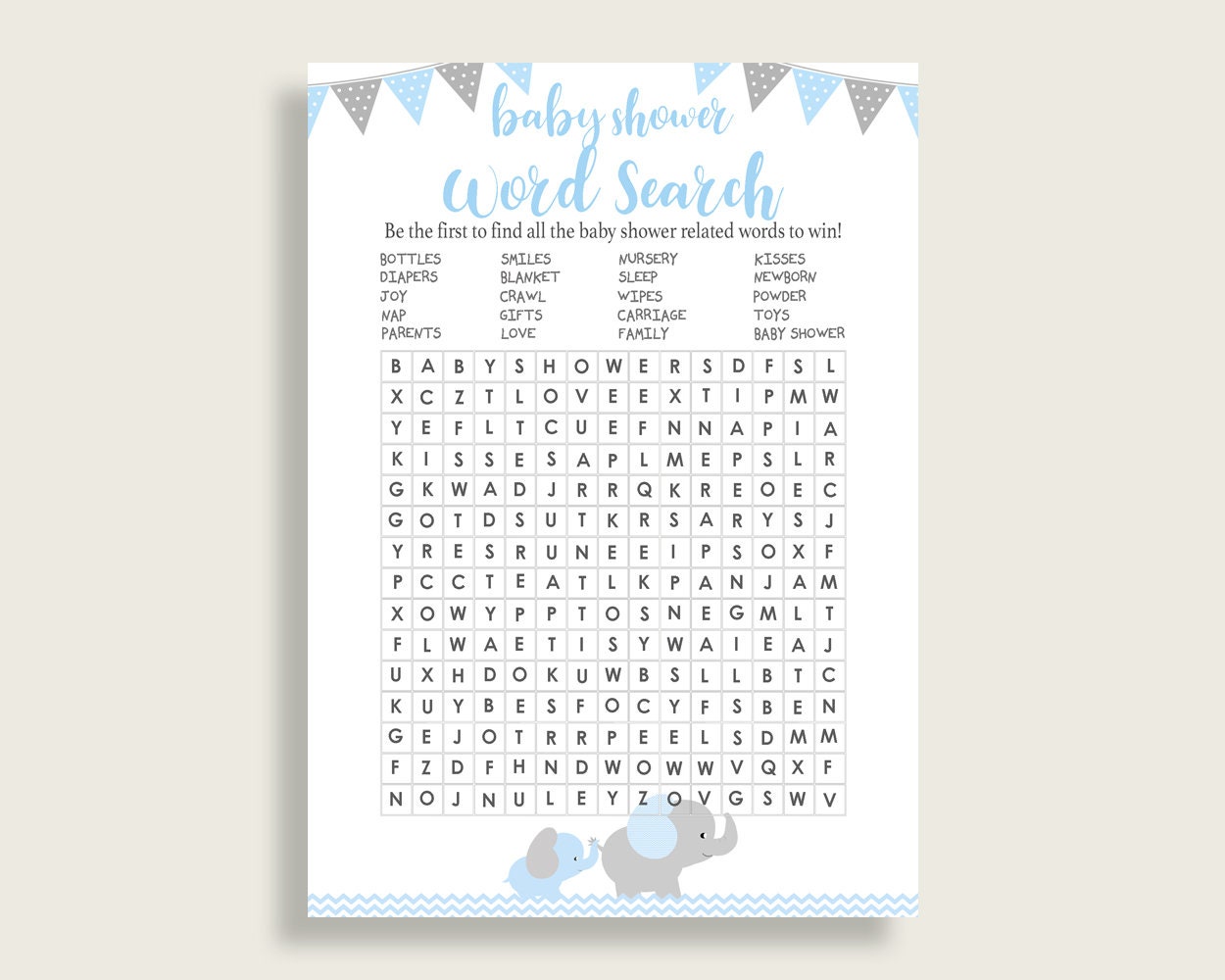 Elephant Word Search Game, Blue Grey Baby Shower Word Search Cards ...